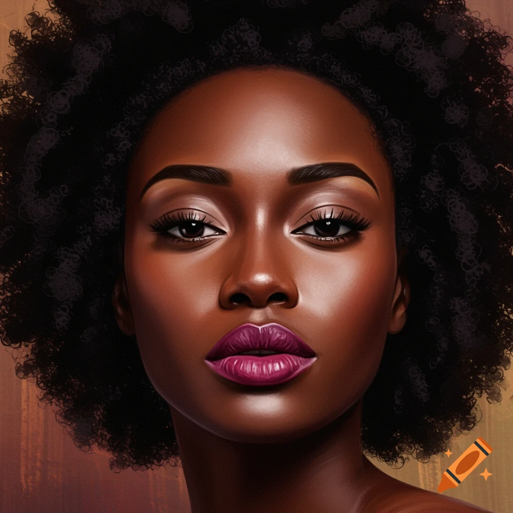 Close-up portrait of a Black woman with dark curly hair and vibrant purple lipstick looking ...