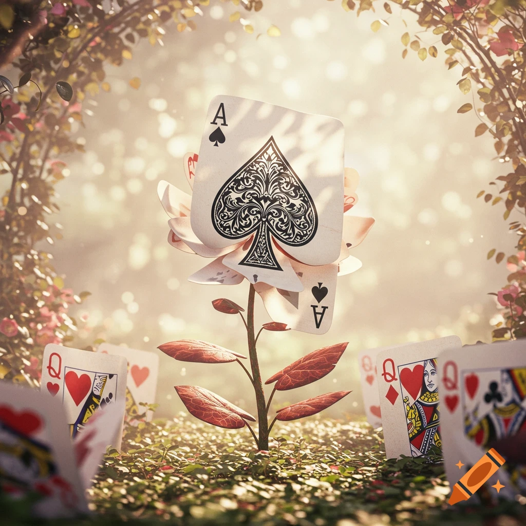 An Ace of Spades card shaped like a flower blooms in a lush, whimsical ...
