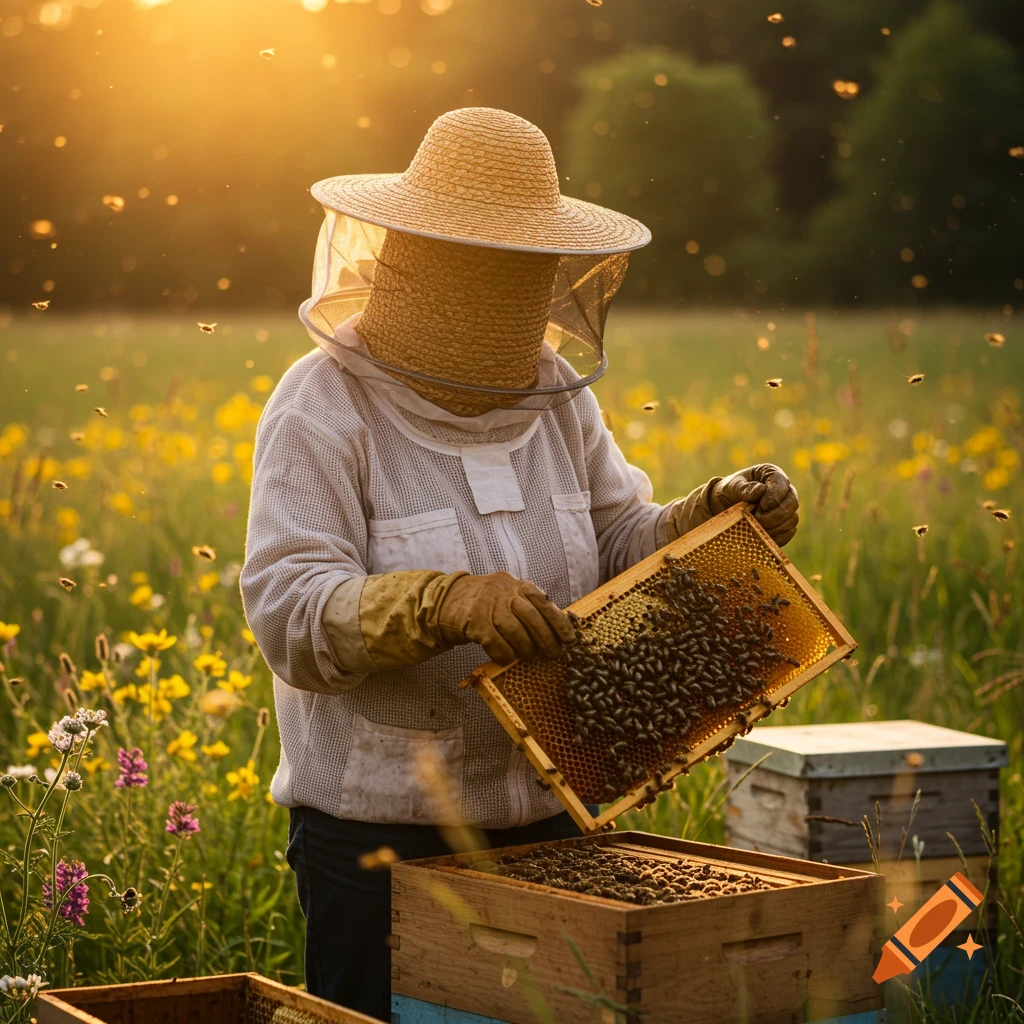 A beekeeper wearing a straw skep and a protective suit inspects a ...