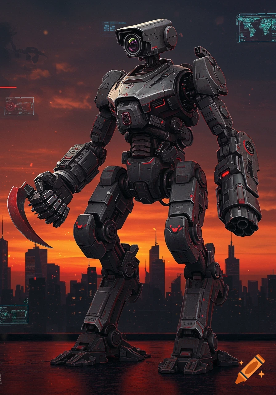 A massive, blocky, red-eyed Minecraft-style monster stands amidst red ...