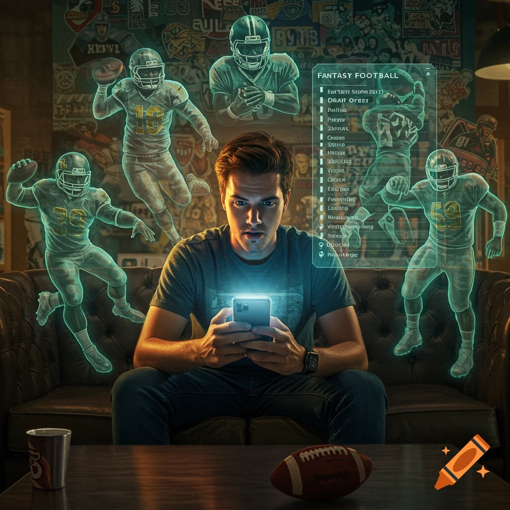 A man on a couch, intently looking at his phone, surrounded by glowing ...