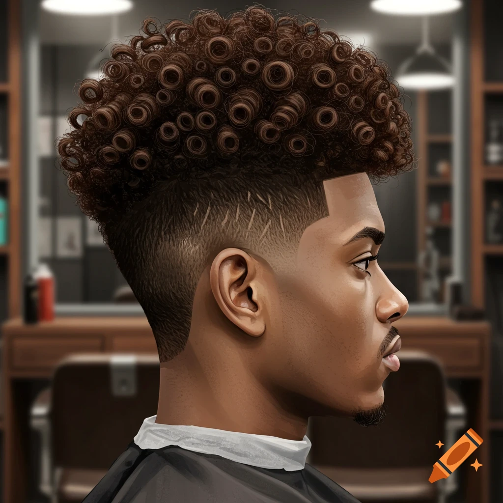 Profile of a young man with a tapered curly top and a mid fade haircut ...