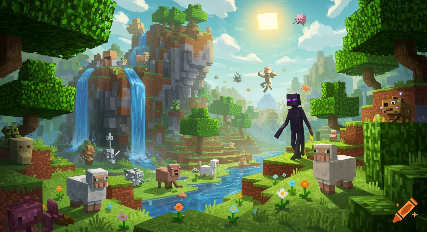 A blocky voxel art landscape resembling the Minecraft nether, with lava ...