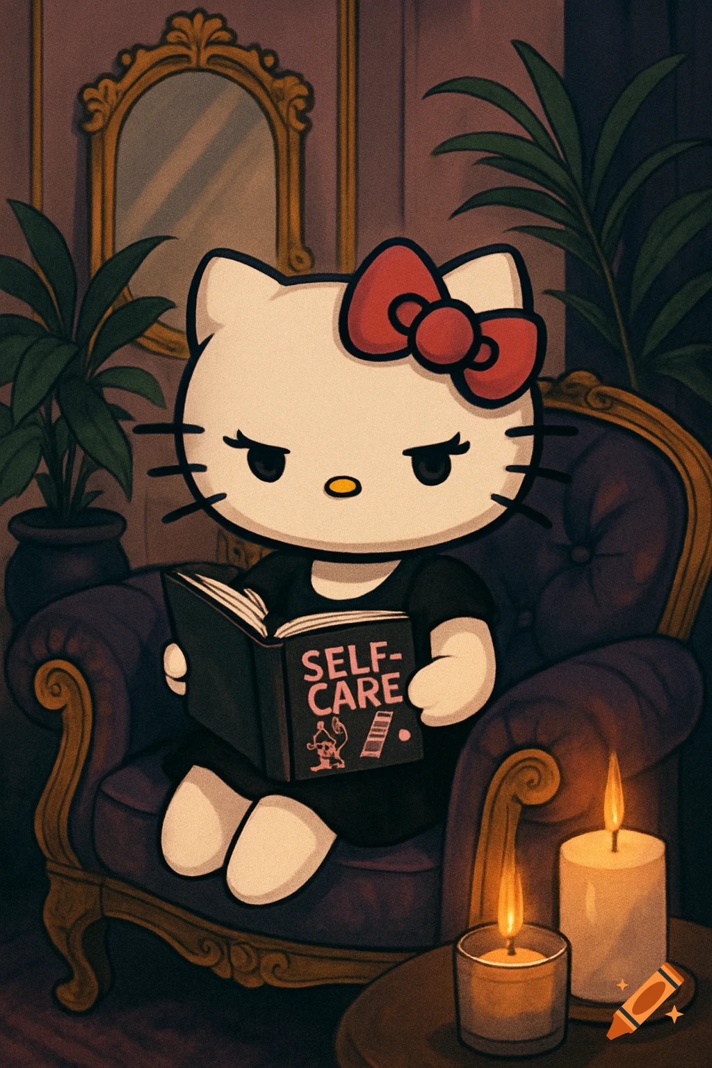 Hello Kitty sits in a purple armchair, reading a book titled 'SELF-CARE ...