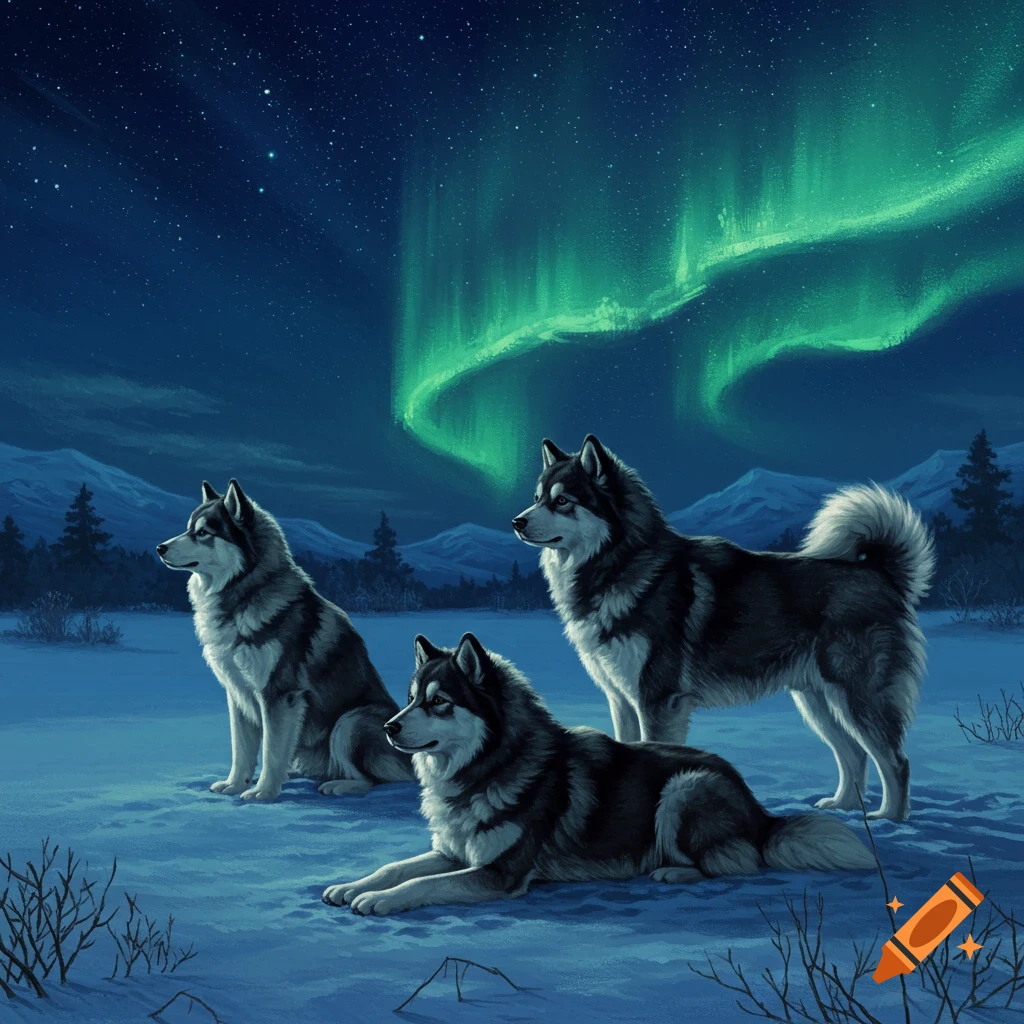 Three dogs resembling Huskies or Malamutes stand and lie in a snowy ...