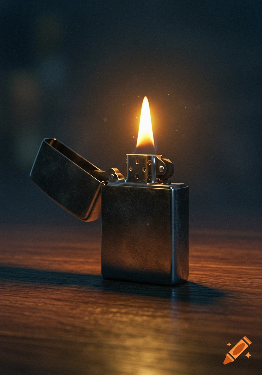 A photorealistic close-up of a lit Zippo lighter sitting on a wooden ...