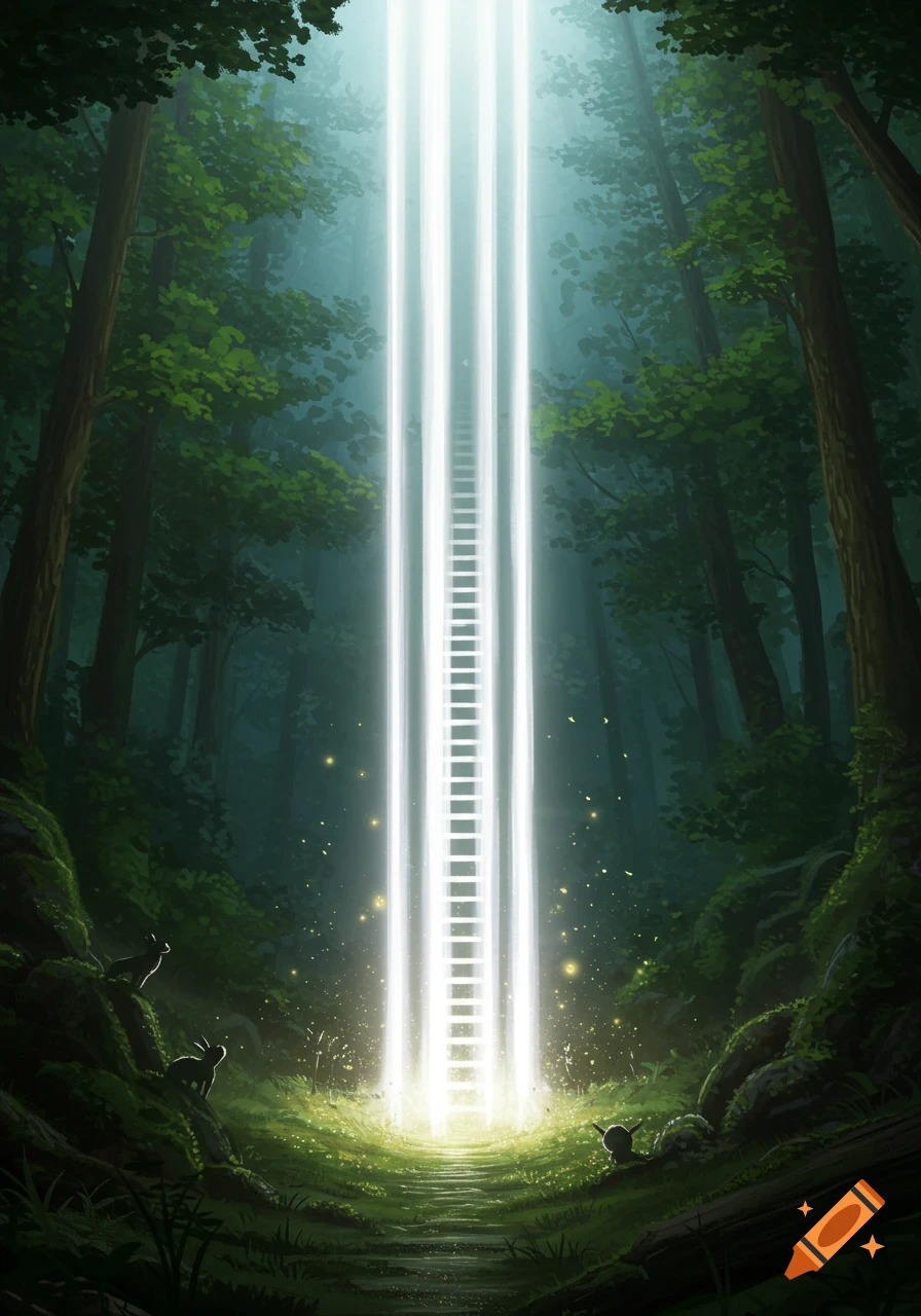 A bright, glowing ladder of light descends from the sky into a dark ...