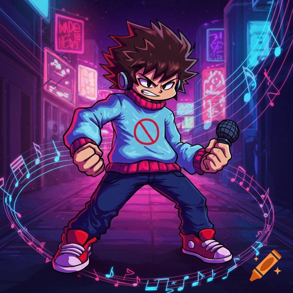 Two stylized cartoon girls, Girlfriend and Sky from FNF, in a neon-lit ...