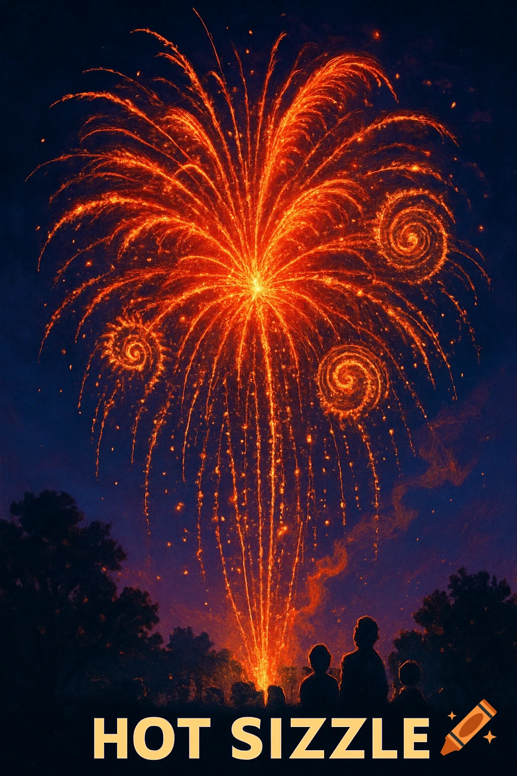 A vibrant red and orange firework explodes in a dark blue night sky ...