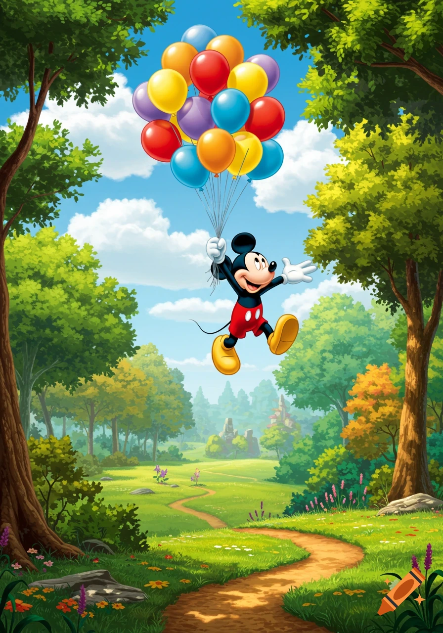 A Disney Pixar style poster with a large Mickey Mouse in the foreground ...