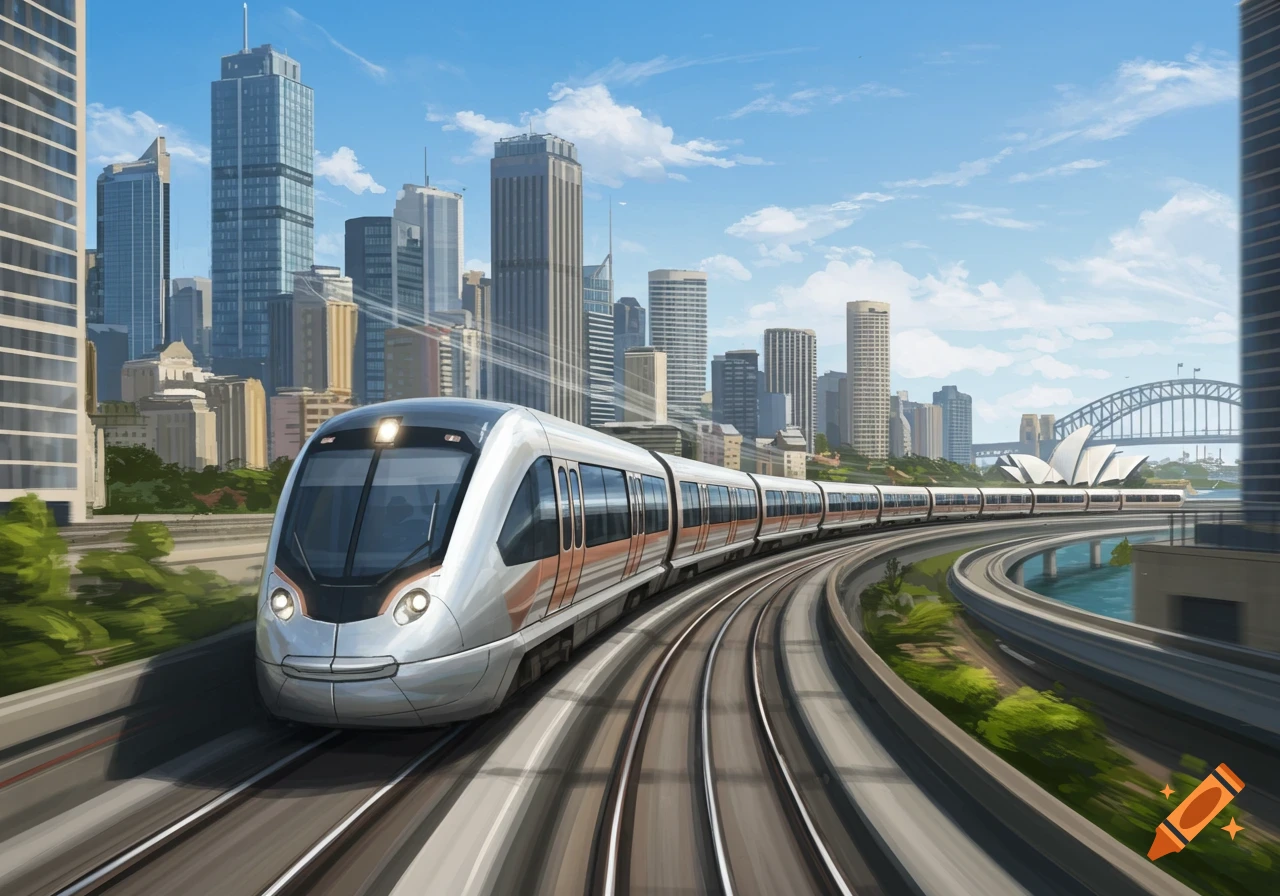 A red solar-powered train travels on tracks through a rocky Martian ...