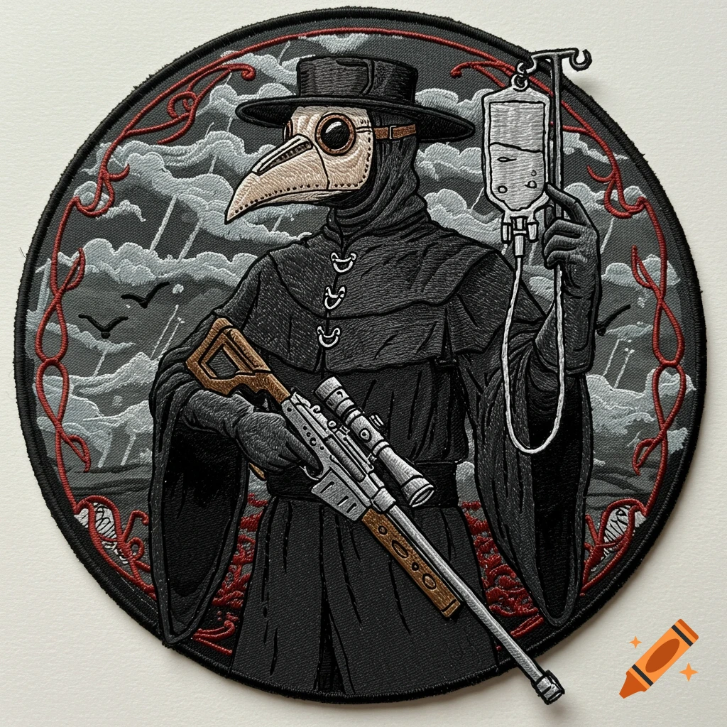 A circular embroidered patch depicting a plague doctor holding a sniper ...