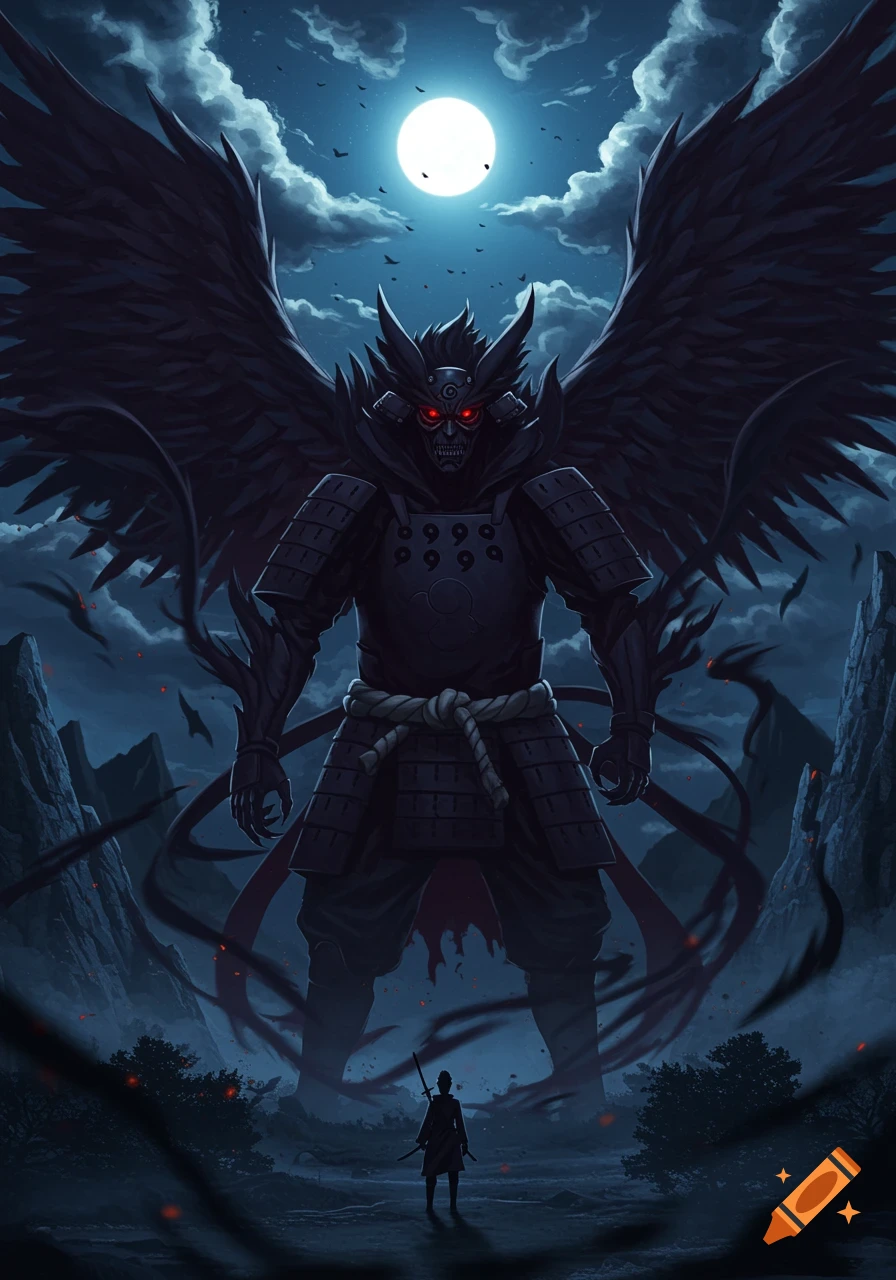 A giant, dark, winged armored figure with glowing red eyes looms over a ...