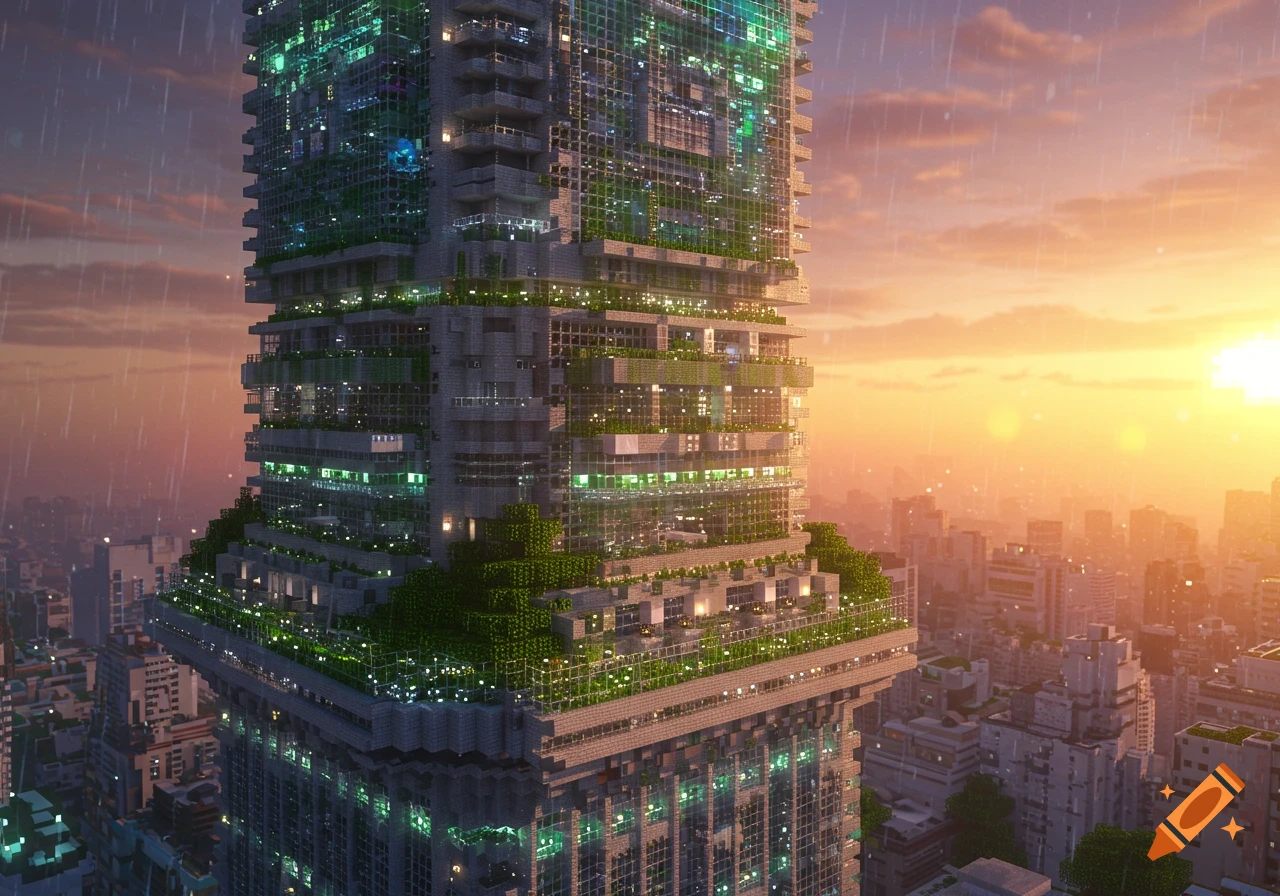 A tall, blocky Minecraft-style skyscraper covered in greenery, towering ...