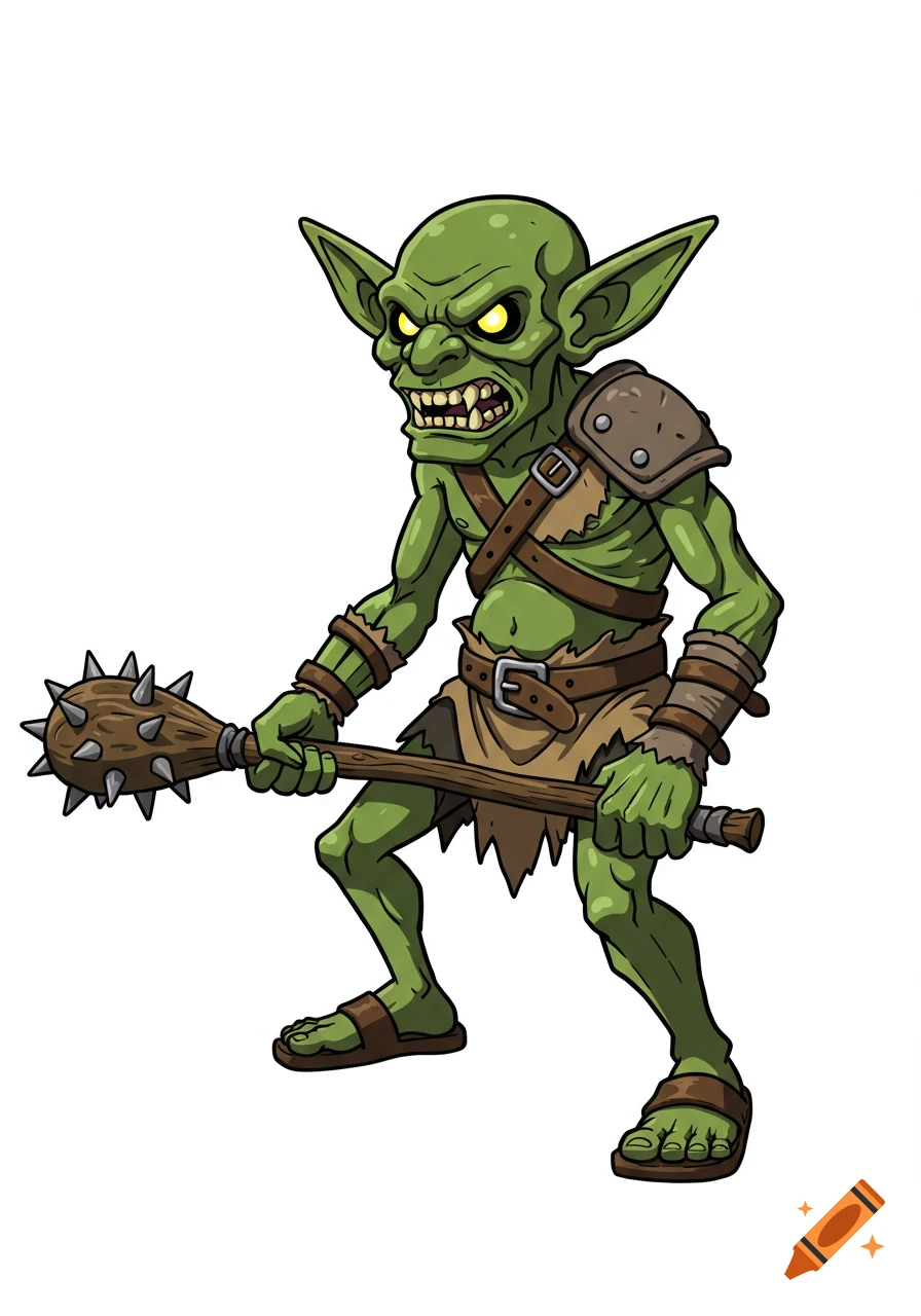 A cartoon goblin with green skin, glowing yellow eyes, and sharp teeth ...