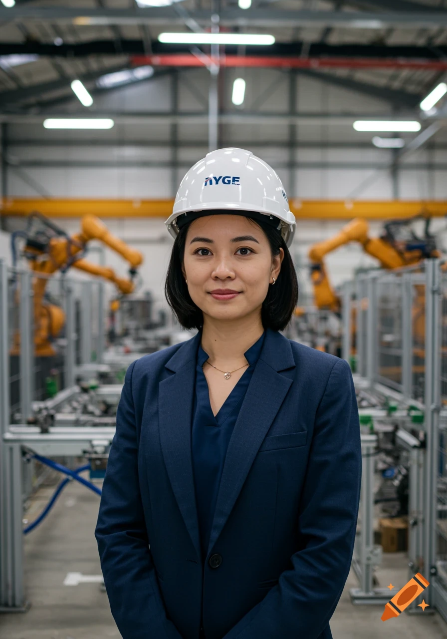 A female engineer wearing a white hard hat with 'AYGE' logo, a blue ...