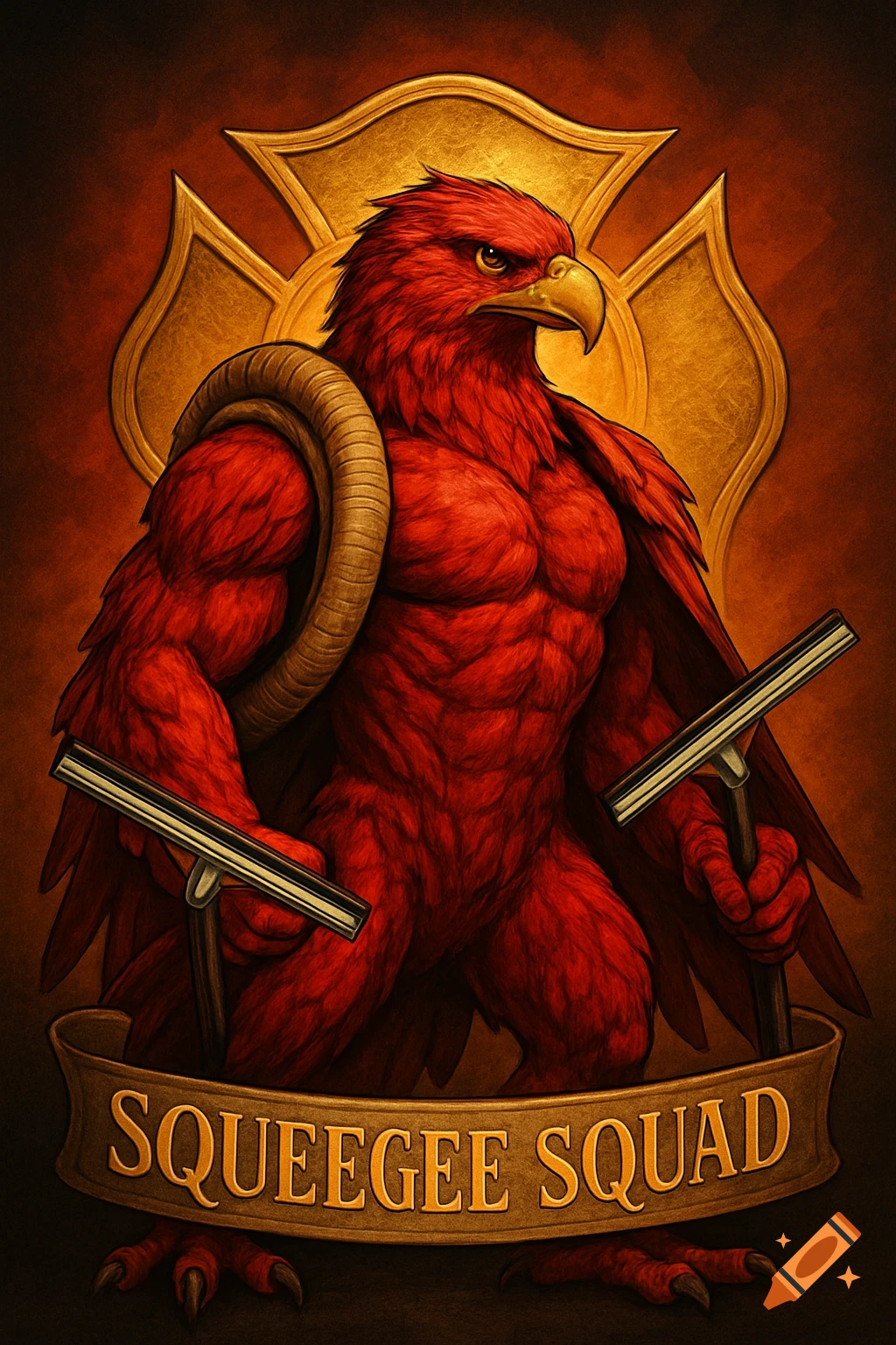 A muscular red Warhawk-like creature holds two squeegees, with a golden ...