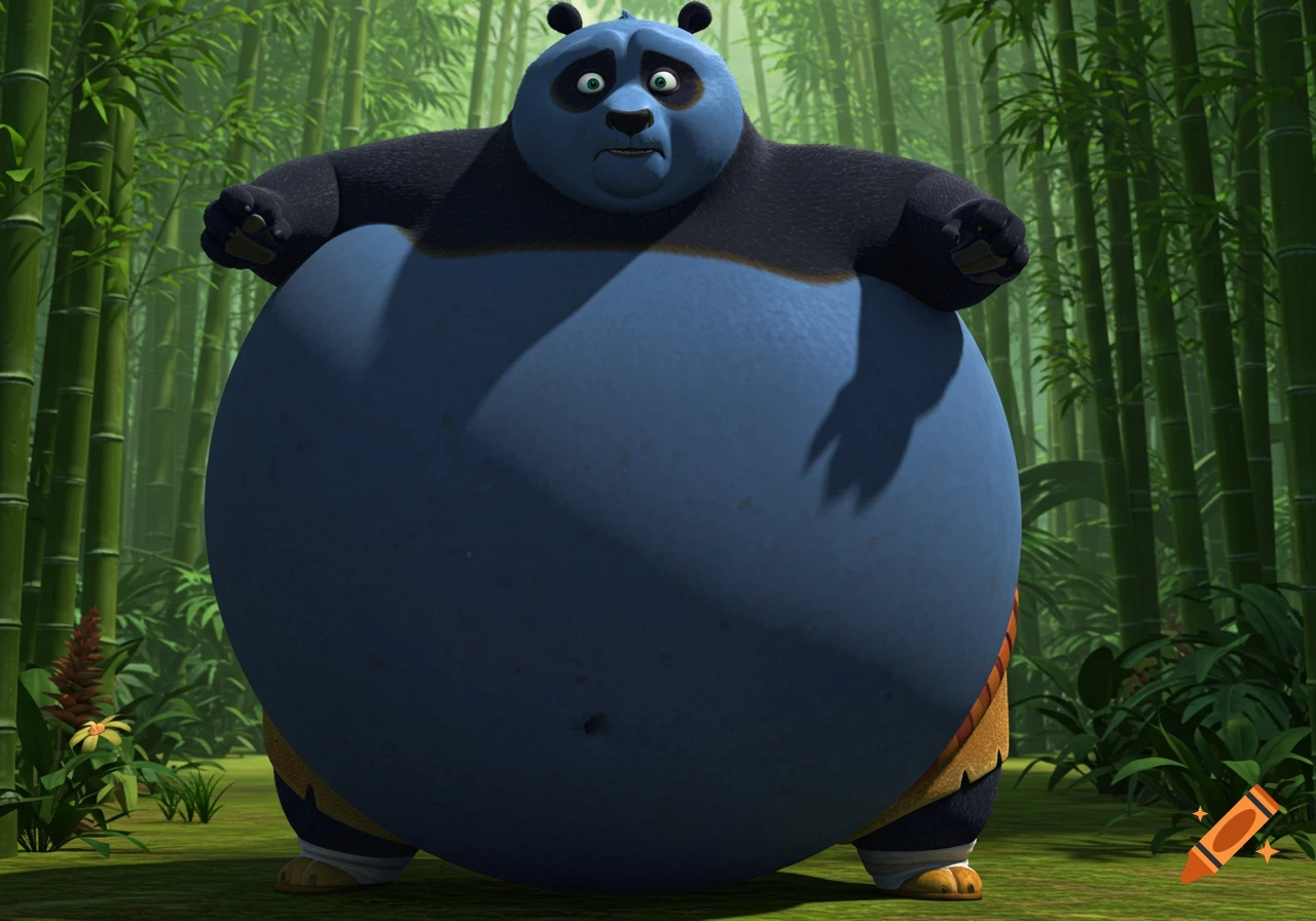 A giant, dark blue, inflated Po from Kung Fu Panda stands nervously in ...