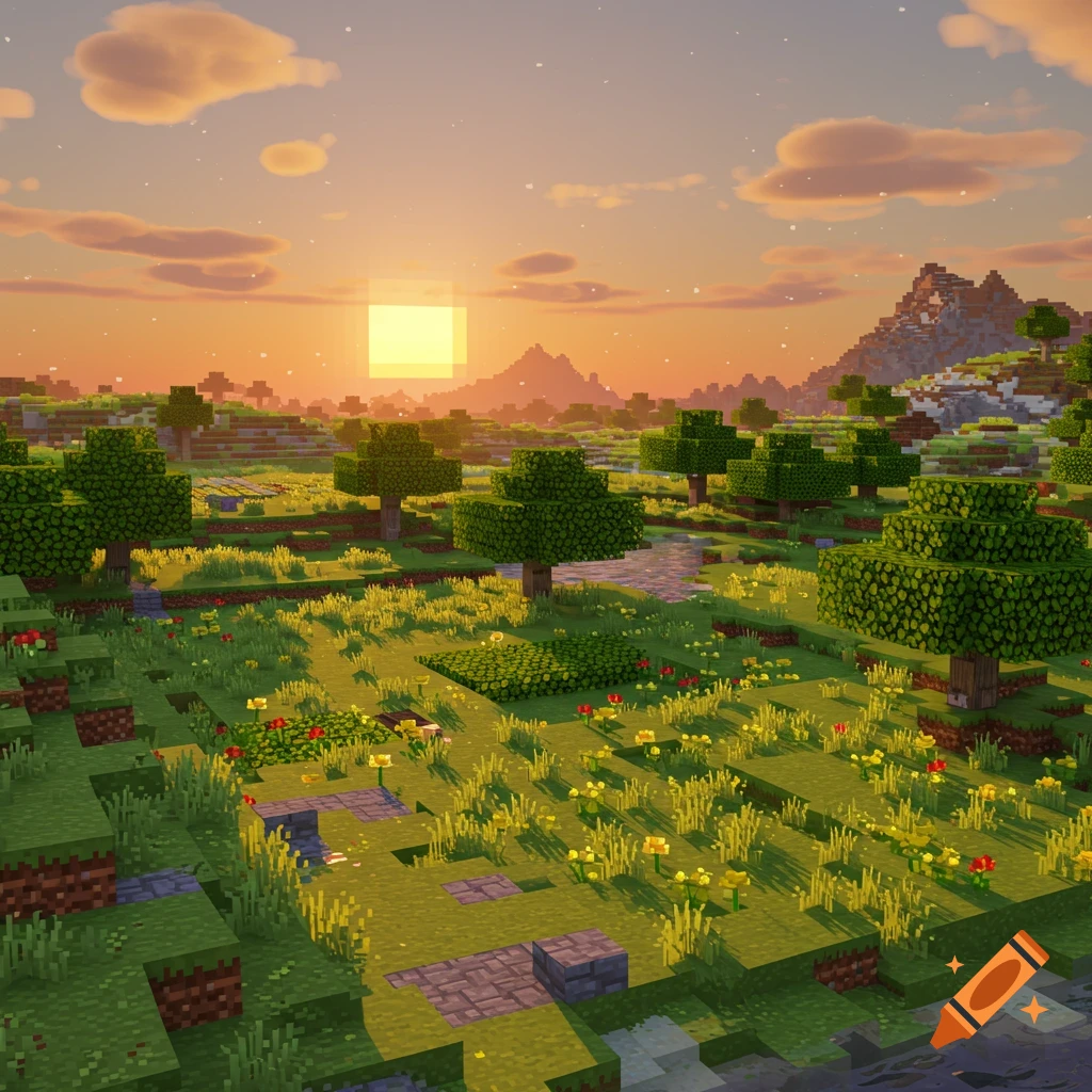 A blocky spaceship flies over a Minecraft-style landscape with ...