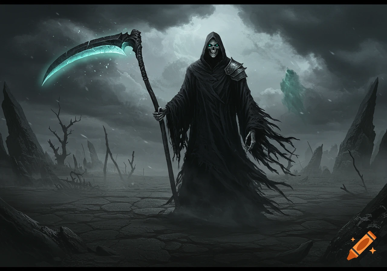 A shadowy Grim Reaper stands in a foggy cemetery, holding a large ...
