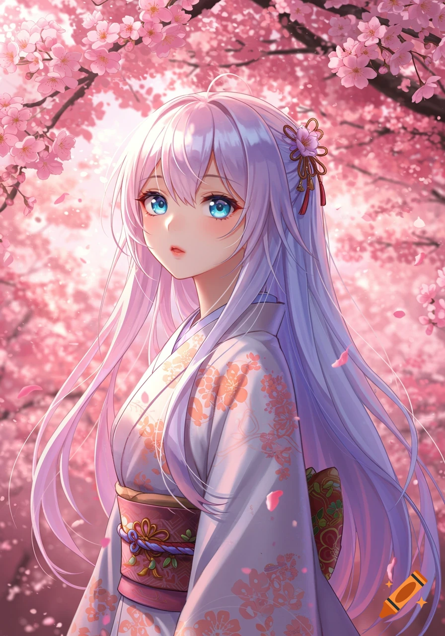 Anime girl with long brown hair and golden eyes in a kimono holding ...