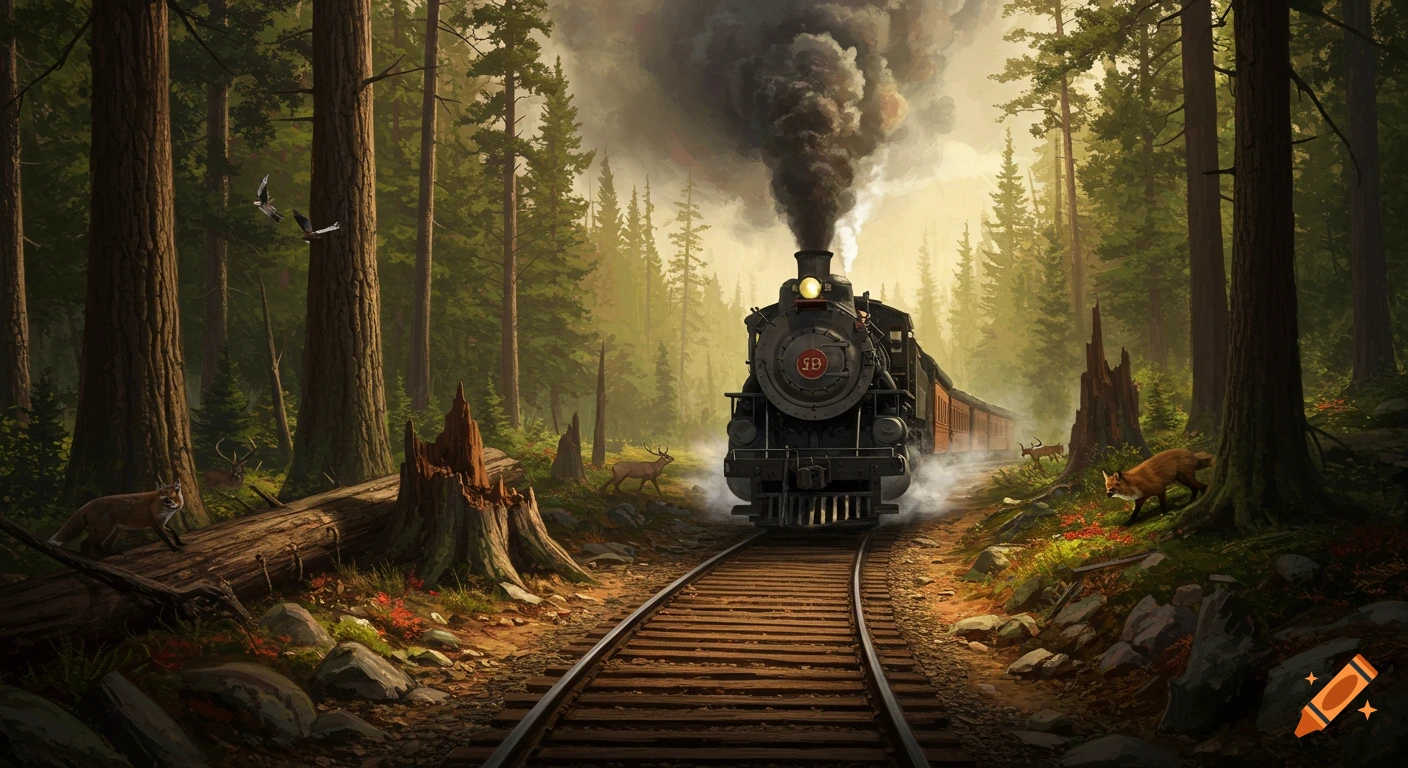 A steam train travels through a dense, sunlit forest, with deer and foxes alongside the tracks ...