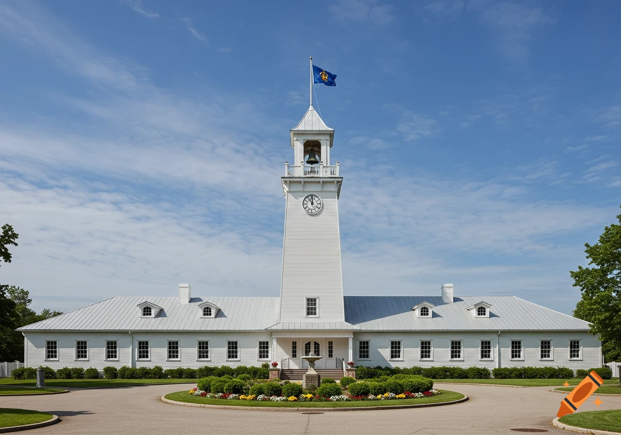 A grand white building with a prominent central clock tower topped with ...