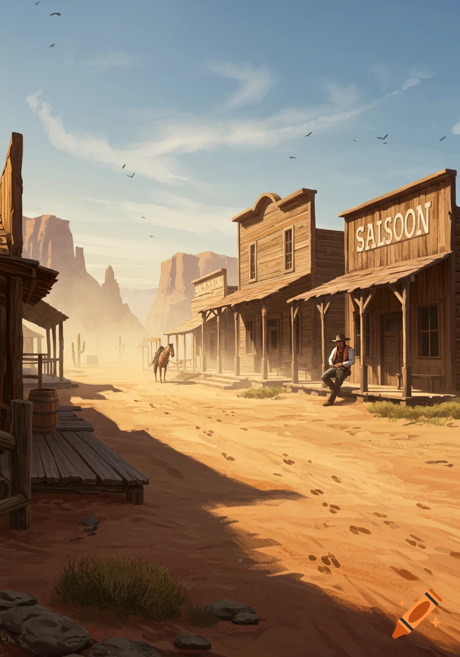 A cowboy on a horse in a dusty Old West town, with wooden buildings and ...