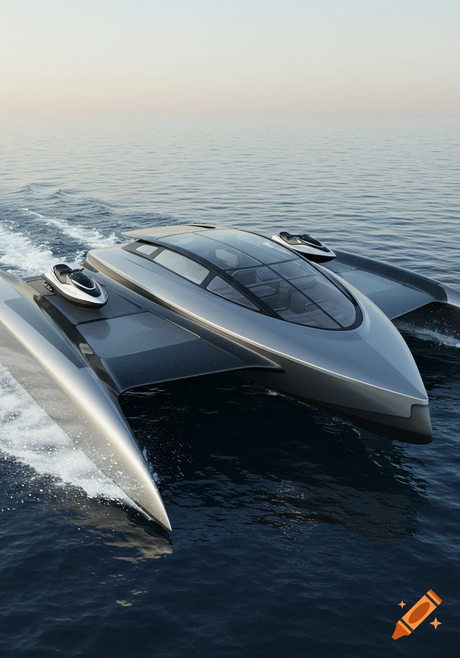 A sleek, futuristic silver and black trimaran boat with hidden jet skis ...