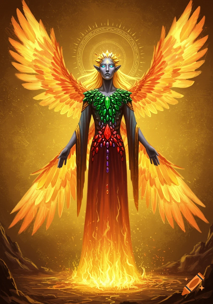 A tall, androgynous humanoid with glowing blue eyes, golden hair, and ...