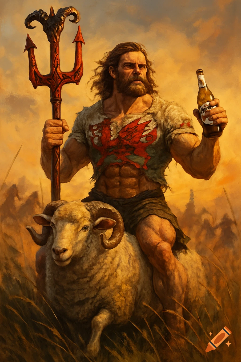 Odysseus offers wine to a large cyclops in a dark cave, in a comic book ...