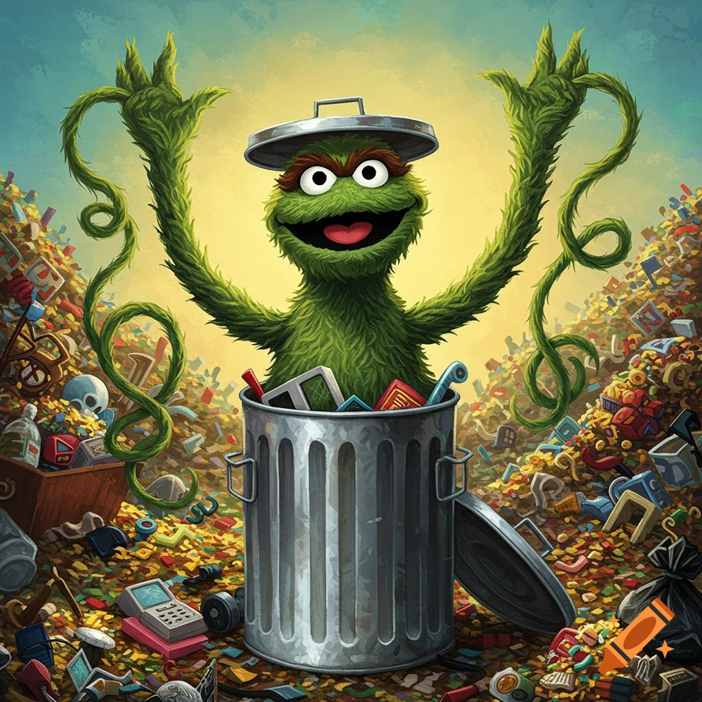 Oscar the Grouch with long, stretchy green arms reaching upwards ...