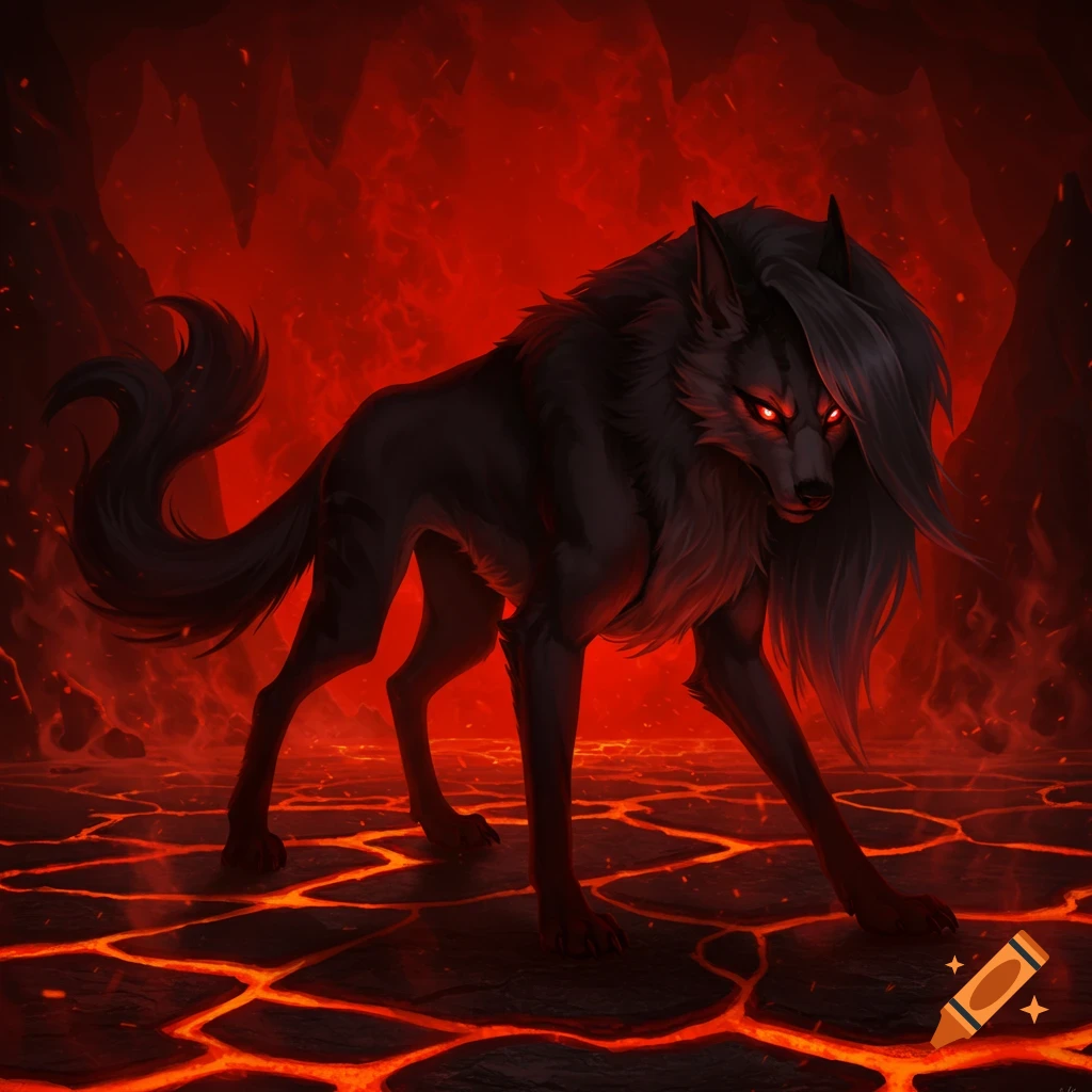 A dark wolf-like hellhound with glowing red eyes stands on cracked lava ...