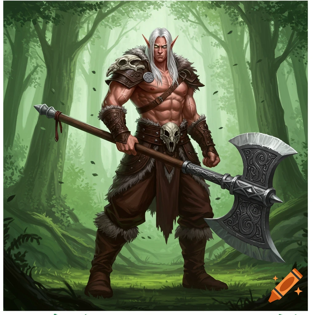 A muscular male elf barbarian with white hair and red eyes stands in a ...