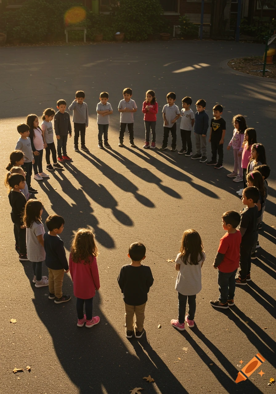 Children stand in a large circle on asphalt at sunset, casting long ...