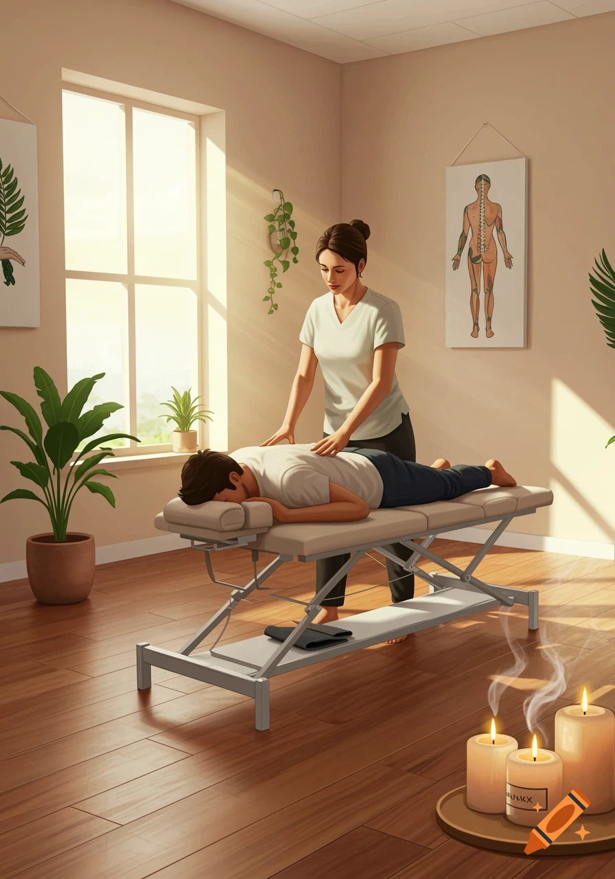 A man lies face down, receiving a back massage from a masseur in a ...