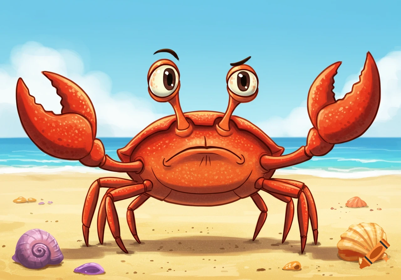 Cartoon of angry red crabs with sharp teeth on a sandy beach at sunset ...