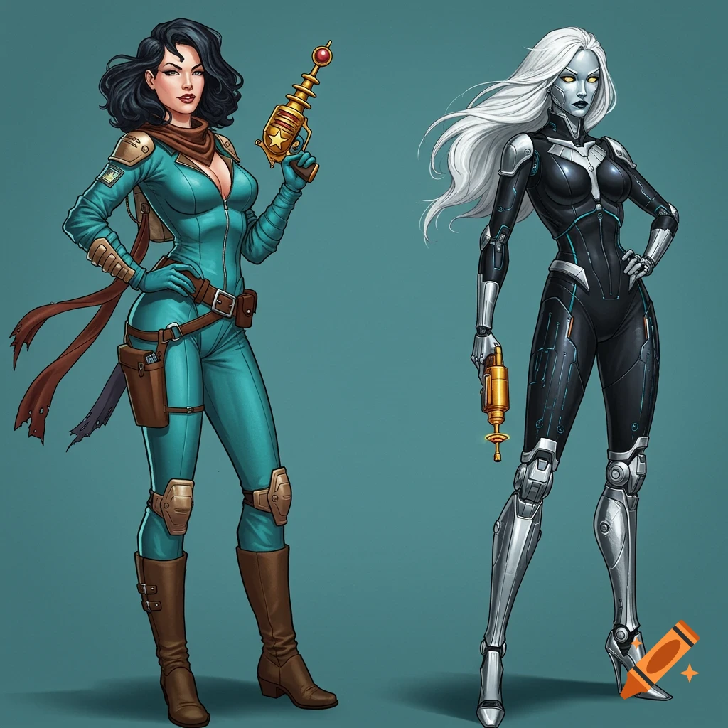 A retro-futuristic character concept sheet shows a woman in a teal ...