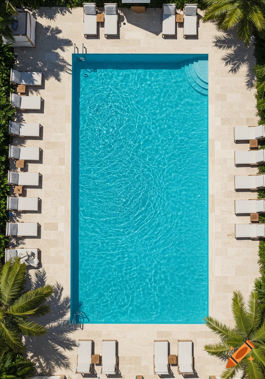Aerial view of a turquoise swimming pool surrounded by lounge chairs ...