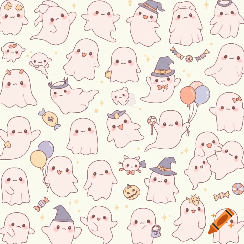 A repeating pattern of cute, cartoon ghosts in various poses and with ...