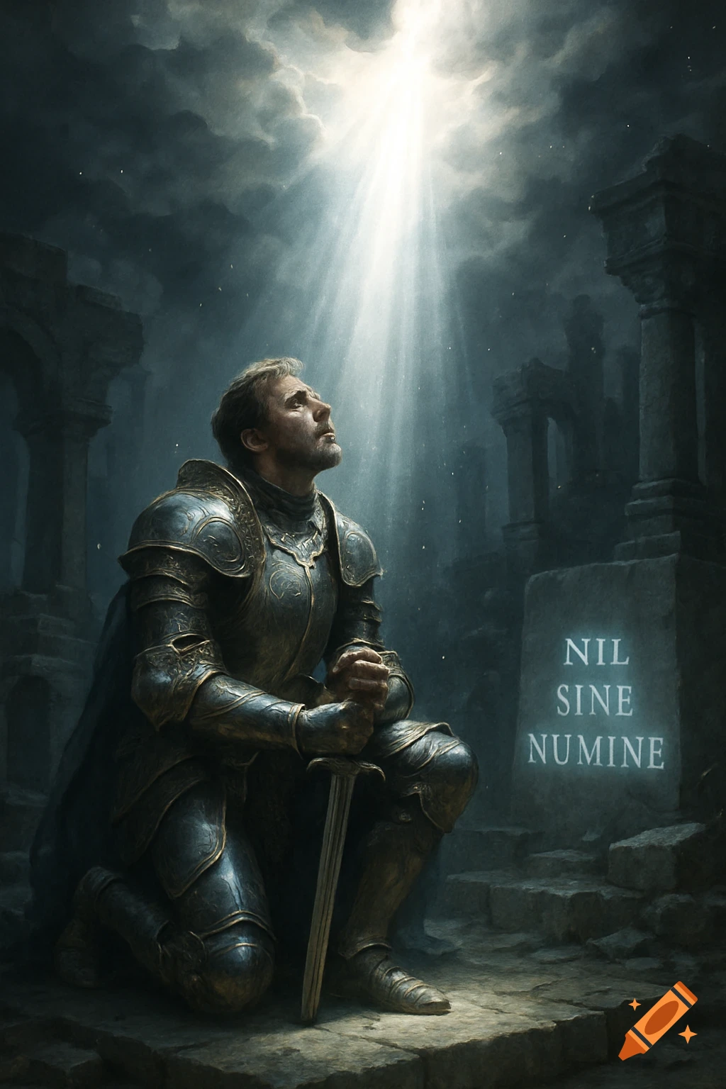 A knight in shining armor kneels on stone in ancient ruins, looking up ...