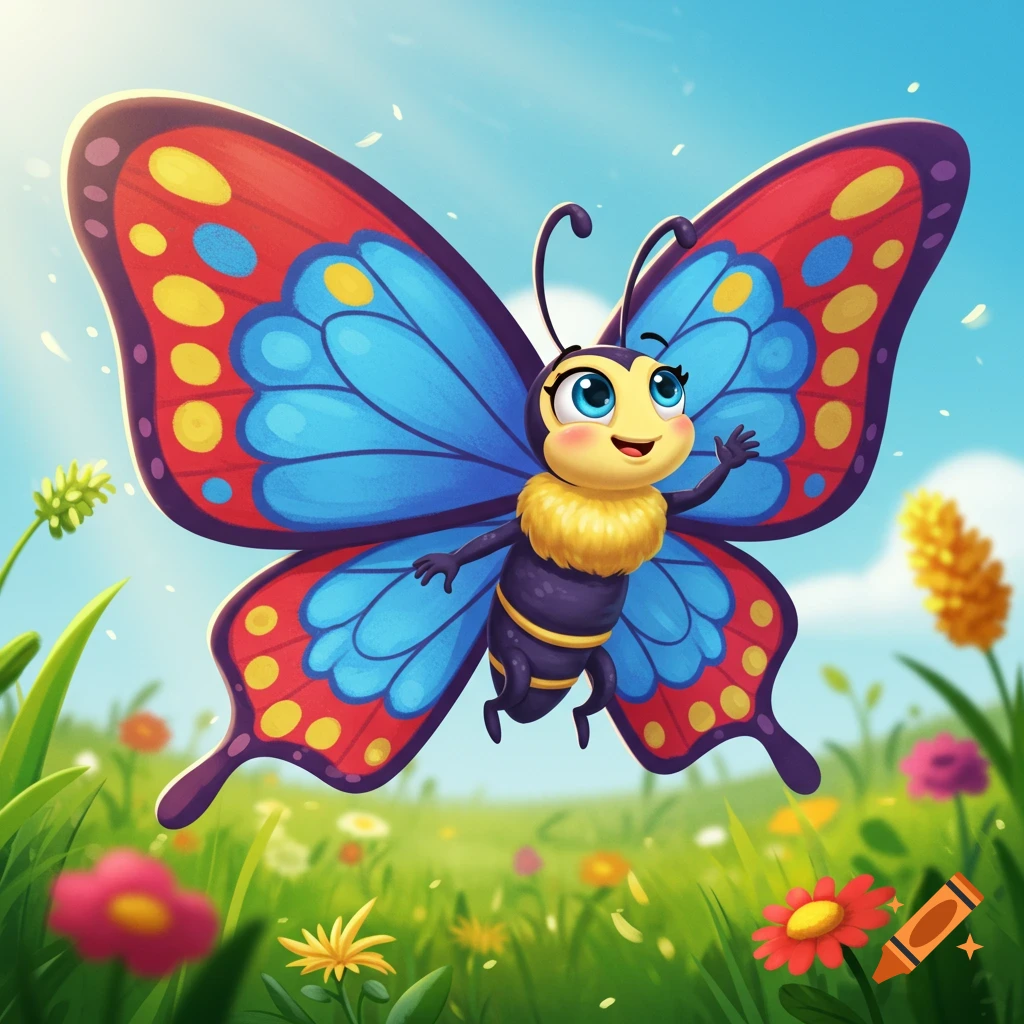 Smiling cartoon butterfly waving its hand while flying in a colorful ...