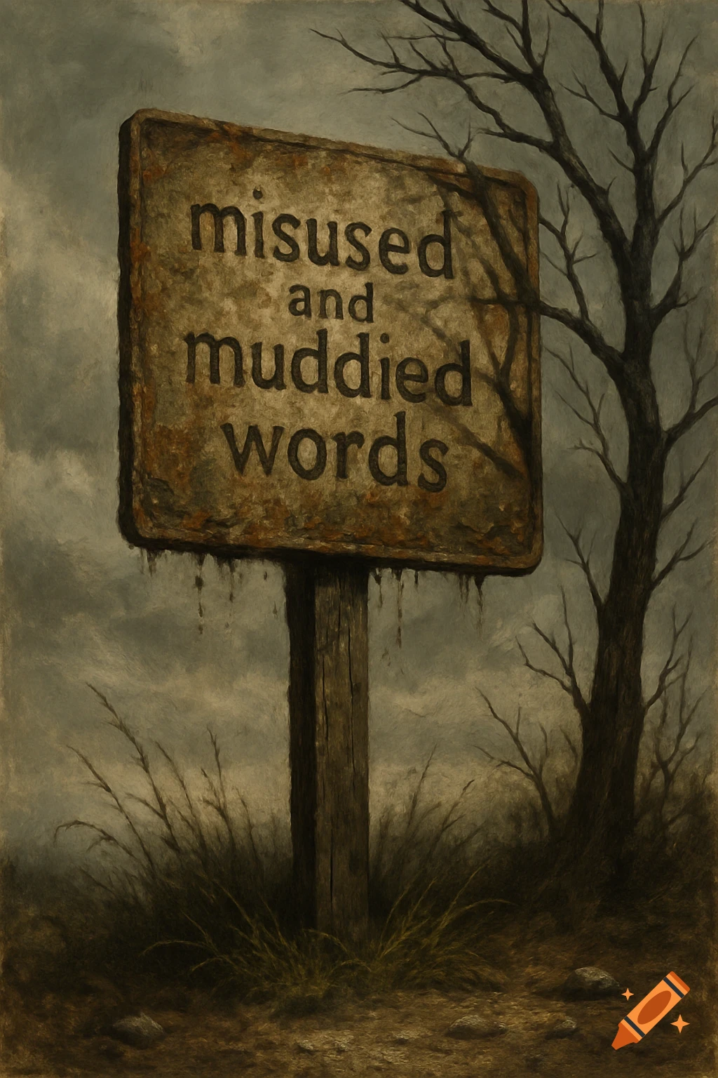 A rusted and muddied sign in a desolate landscape, reading 'misused and ...