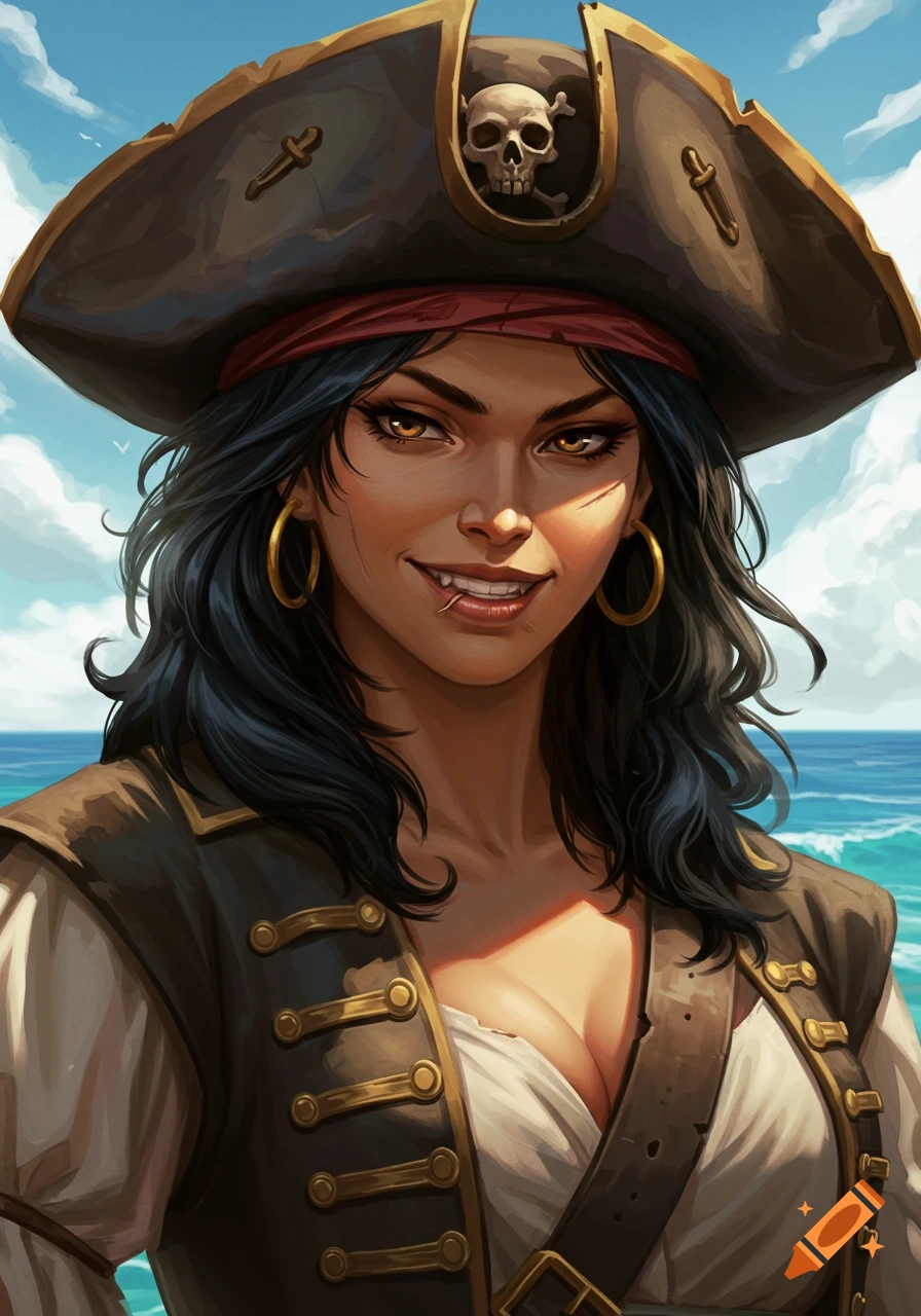 Full-body illustration of a fierce female pirate with a sword, wearing ...