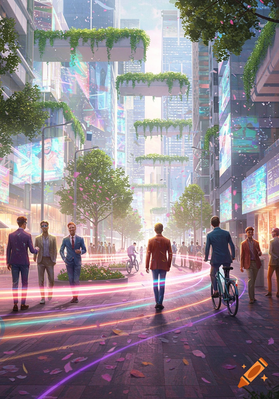 A vibrant futuristic city with multi-level green buildings, a levitating train, futuristic cars ...