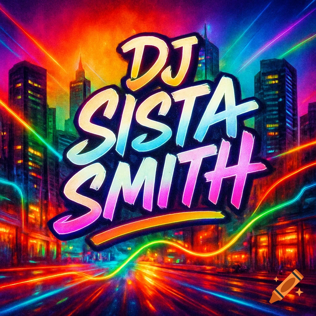 A vibrant, neon-lit cityscape at night with the glowing text "DJ SISTA ...