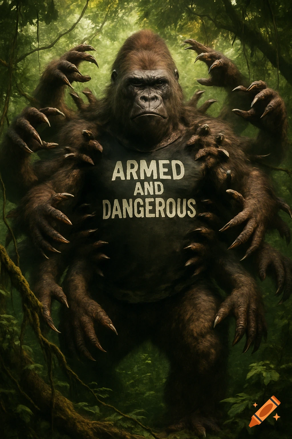 A photorealistic gorilla holding a shotgun, viewed menacingly through a ...