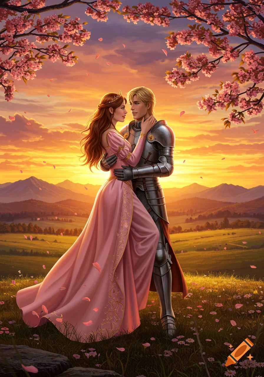 A semi-realistic drawing of a prince and a knight kissing among roses ...