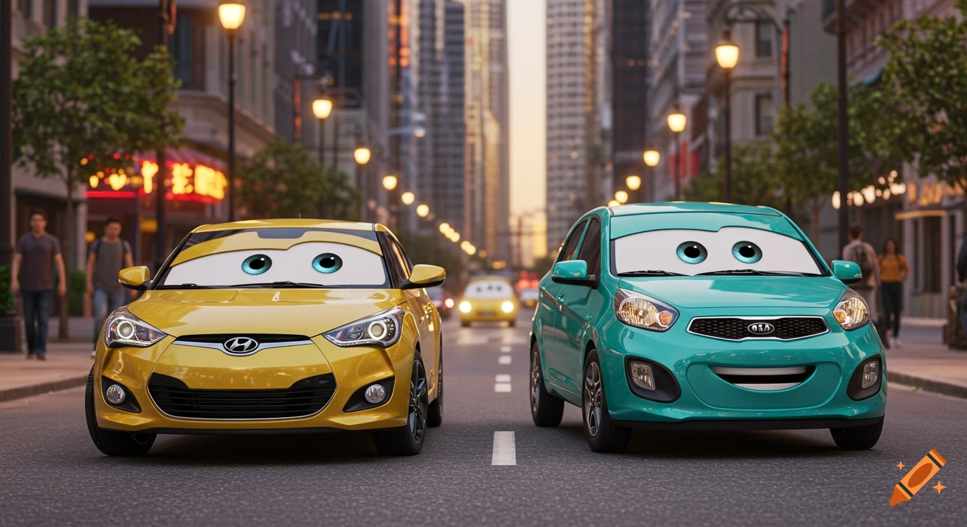 A yellow Hyundai and a teal Kia, styled like Pixar Cars characters ...