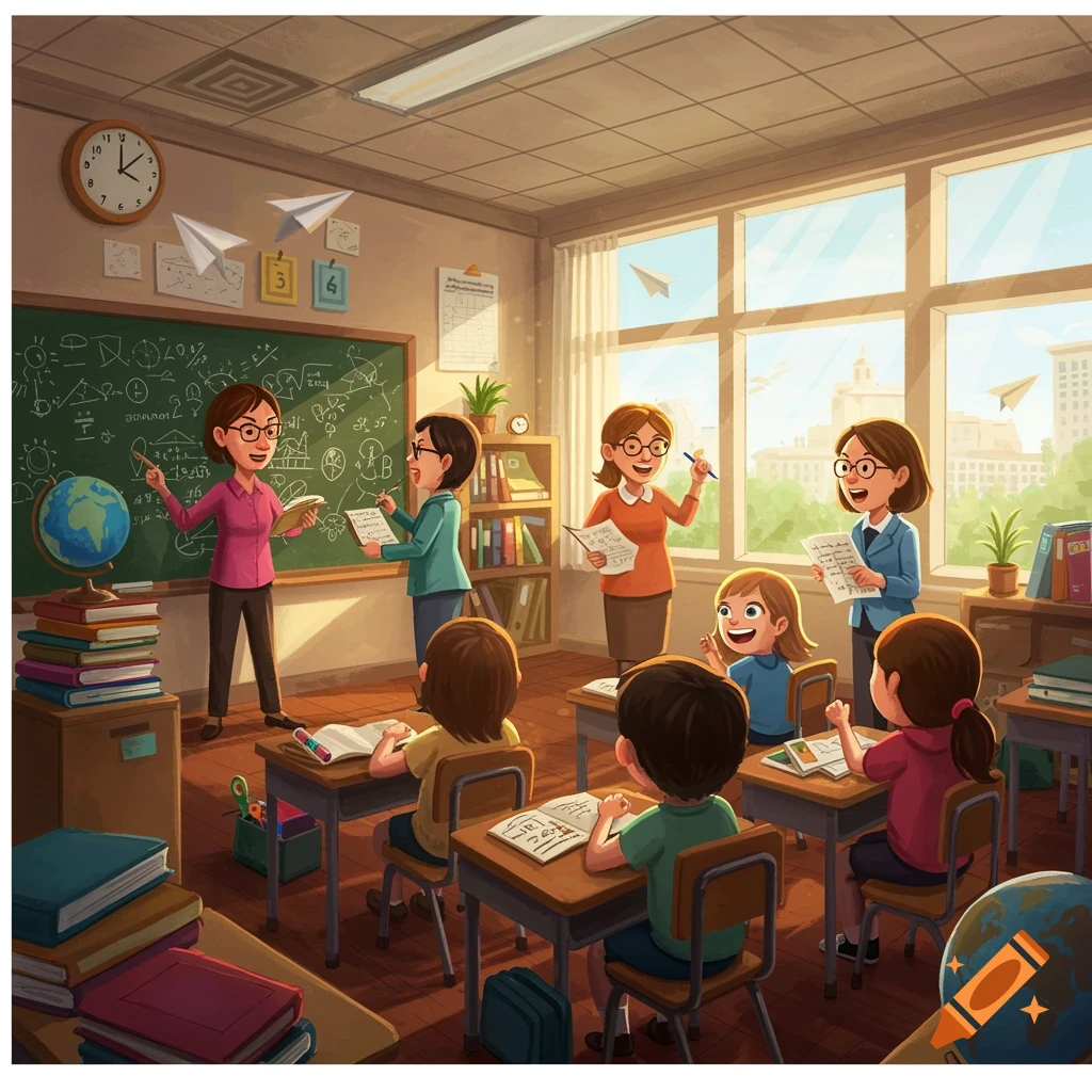 Cartoon illustration of a classroom with four female teachers and ...